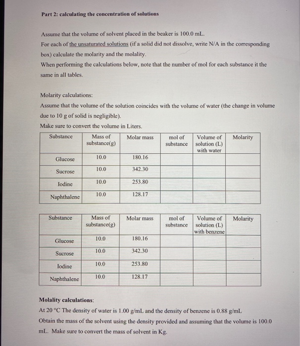 Solved Part 2: calculating the concentration of solutions | Chegg.com
