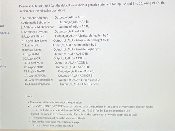 Ints ements Design an N bit ALU unit (set the default | Chegg.com