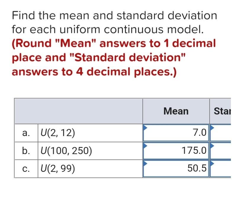 Solved Find The Mean And Standard Deviation For Each Uniform