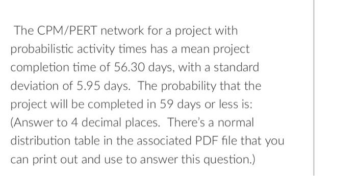 Solved The CPM/PERT network for a project with probabilistic | Chegg.com