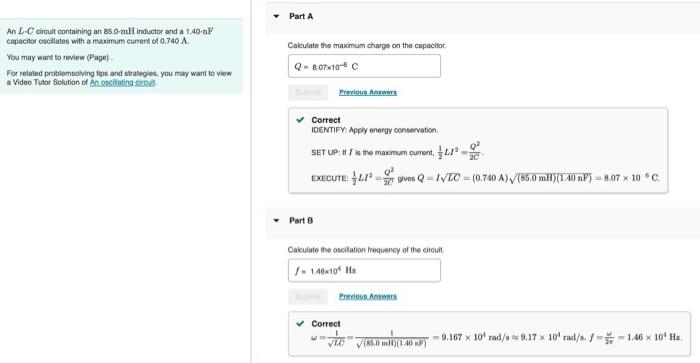 Solved An L-C ﻿circuit containing an 85.0-mH ﻿inductorand | Chegg.com
