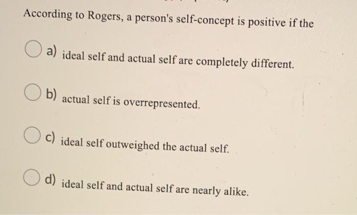 Solved According to Rogers, a person's self-concept is | Chegg.com