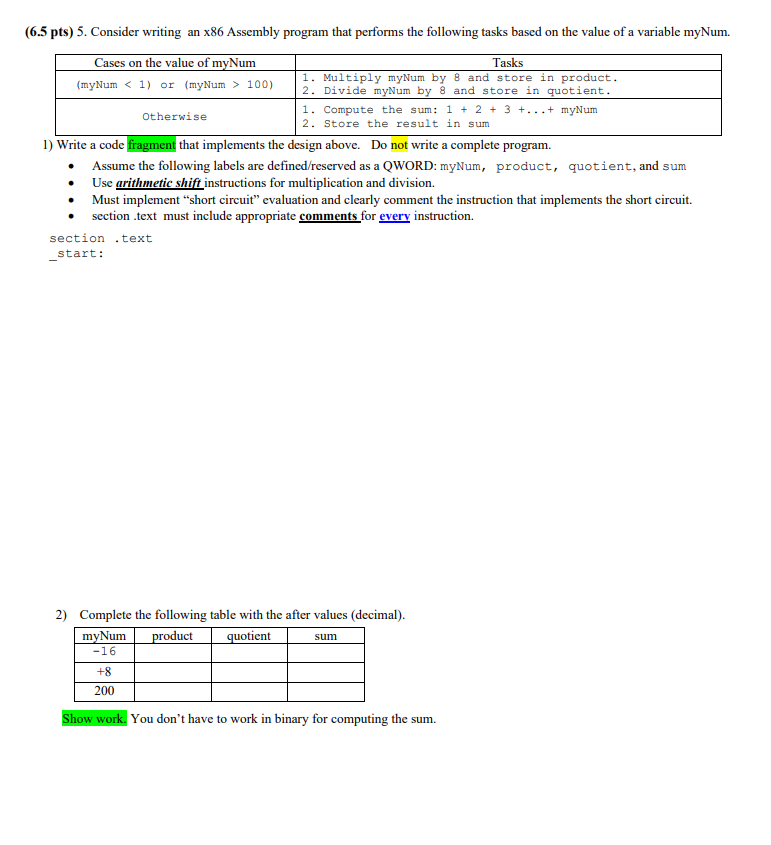 Solved (6.5 ﻿pts) 5. ﻿Consider writing an x86 ﻿Assembly | Chegg.com