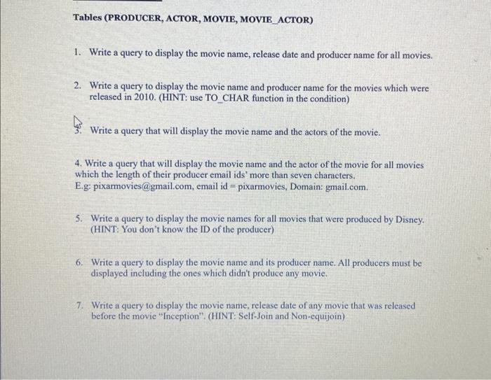 Solved Tables (PRODUCER, ACTOR, MOVIE, MOVIE ACTOR) 1. Write | Chegg.com