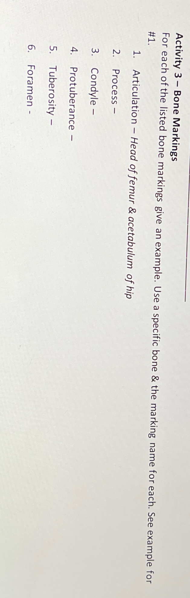 Solved Activity 3-Bone MarkingsFor each of the listed bone | Chegg.com