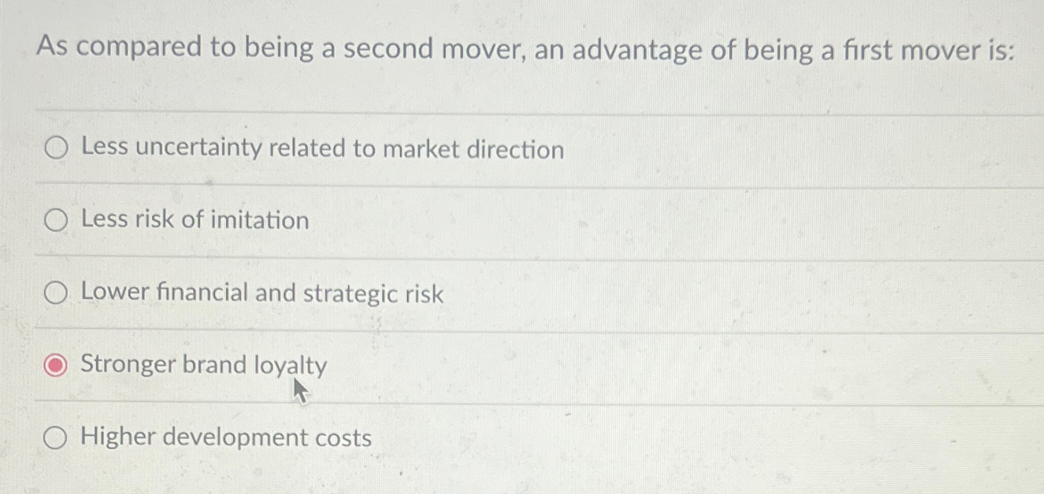 Solved As compared to being a second mover, an advantage of | Chegg.com