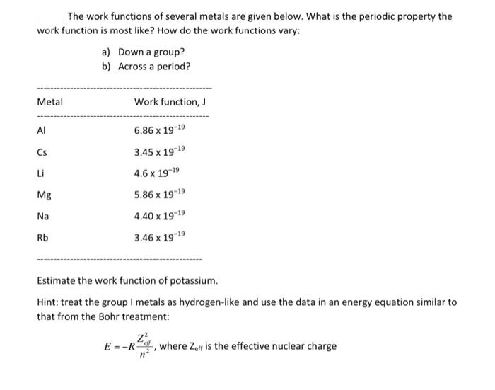 Solved The work functions of several metals are given below. | Chegg.com
