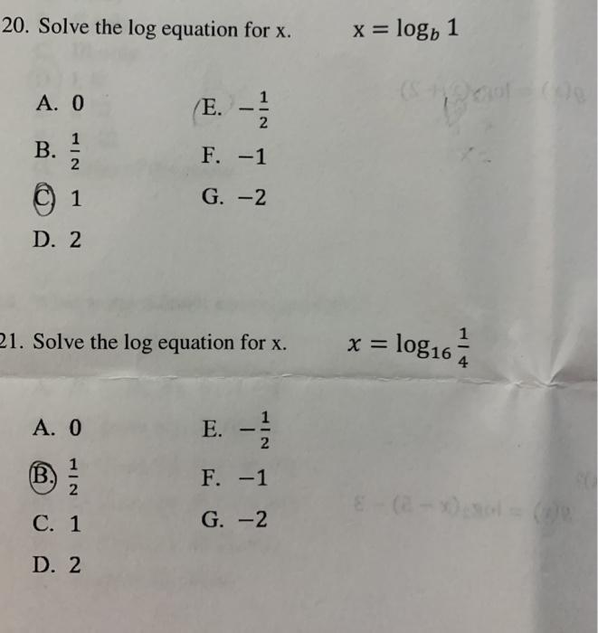 Solved 20. Solve the log equation for x. x = logh 1 A. O E. | Chegg.com