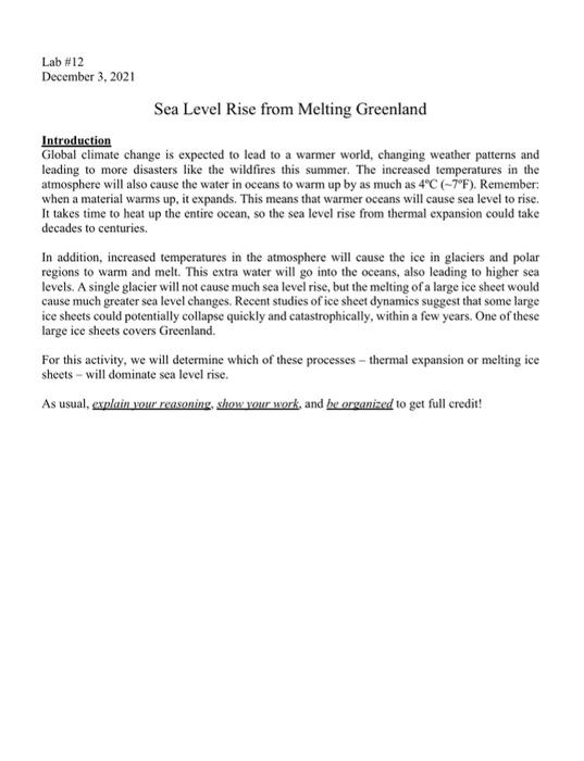 Solved Lab #12 December 3, 2021 Sea Level Rise from Melting | Chegg.com