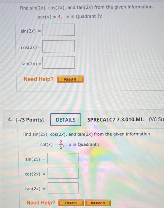 Solved Find sin(2x), cos(2x), and tan(2x) from the given | Chegg.com