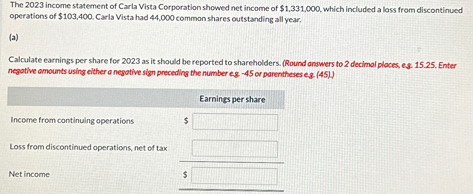 Solved The 2023 ﻿income statement of Carla Vista Corporation | Chegg.com
