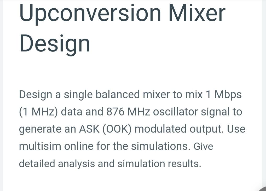 Solved Upconversion Mixer Design Design a single balanced | Chegg.com