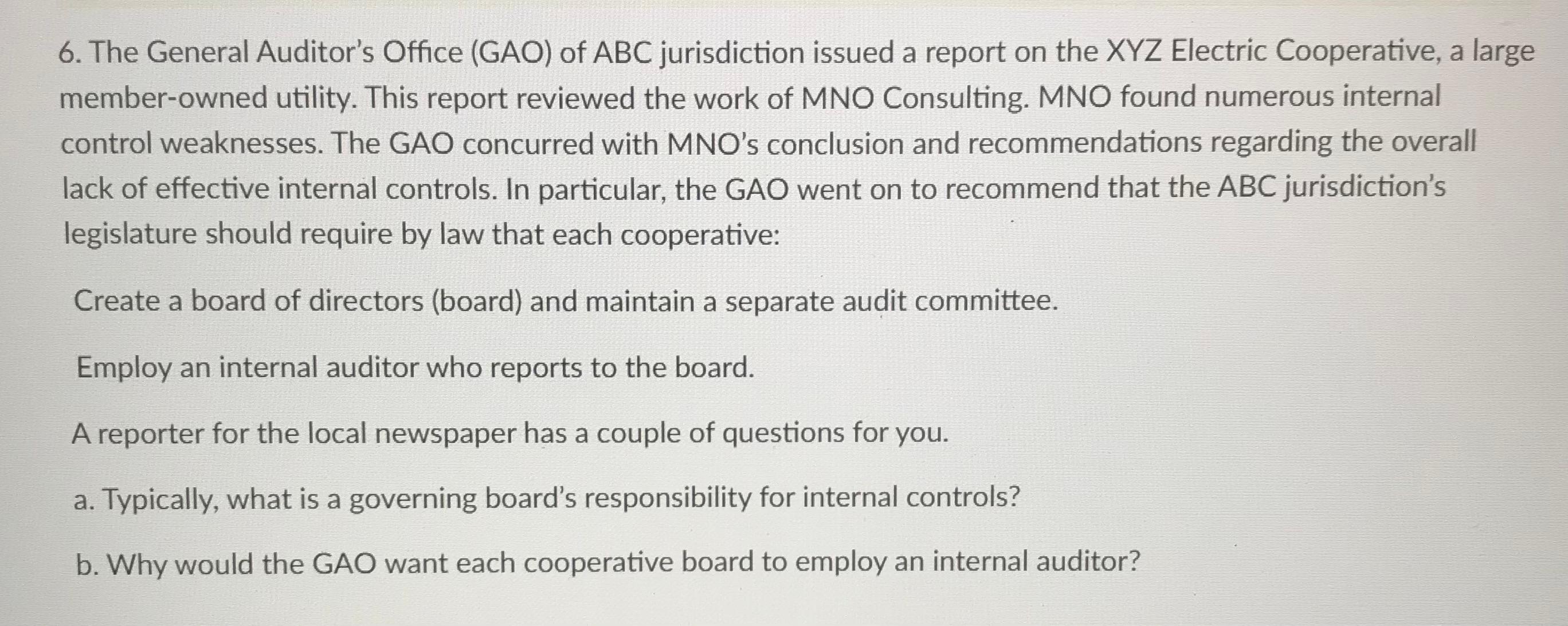 Solved The General Auditor's Office (GAO) ﻿of ABC | Chegg.com