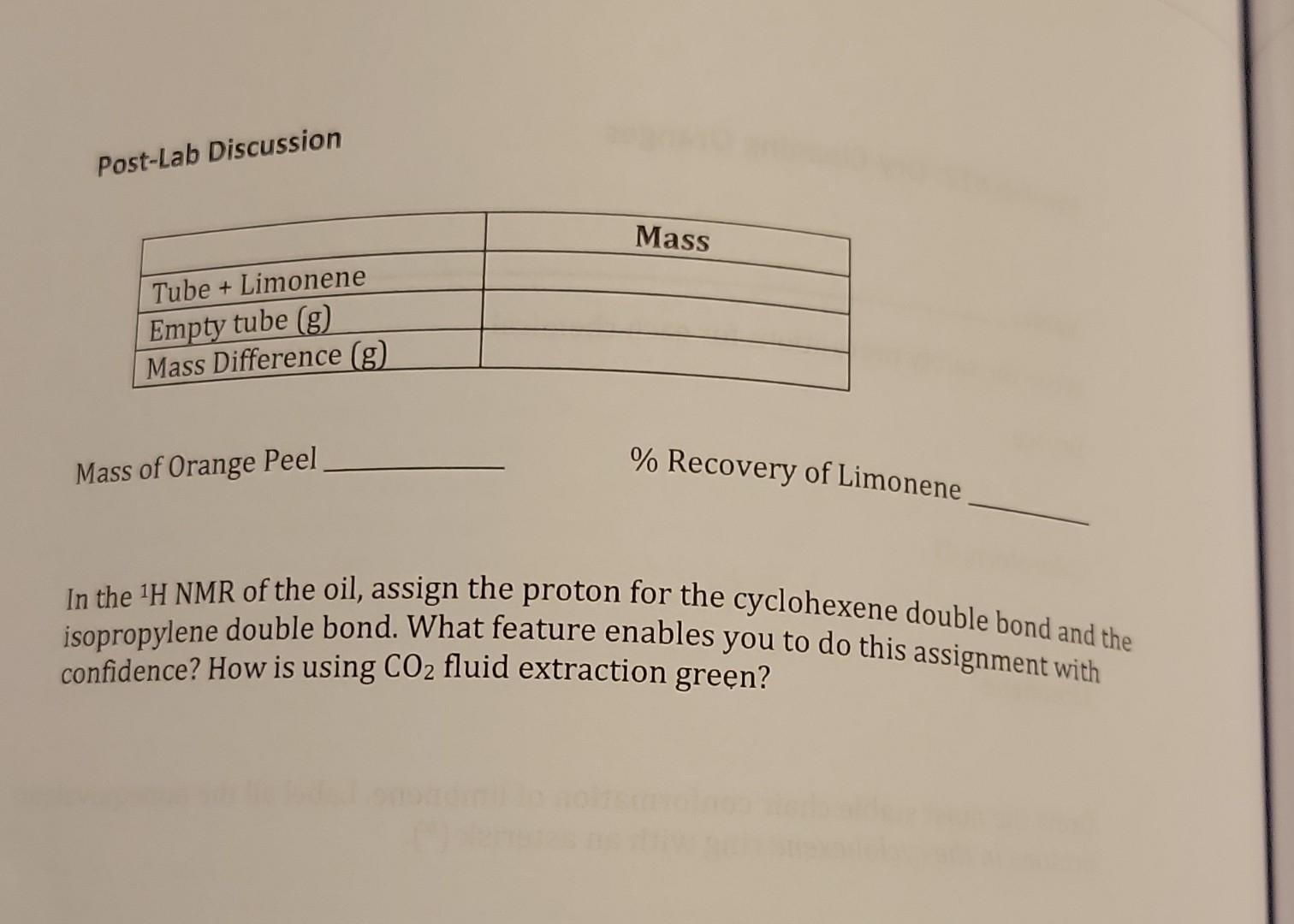 Solved Post-Lab Discussion Mass of Orange Peel \% Recovery | Chegg.com