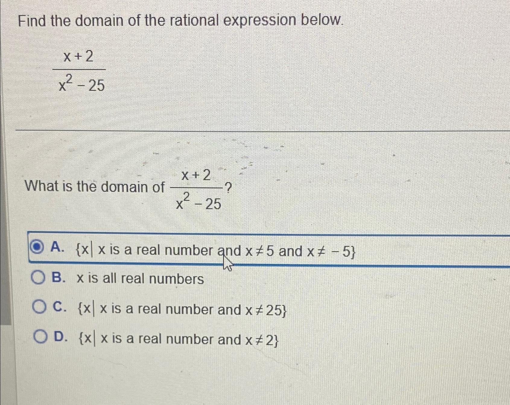 Solved Find the domain of the rational expression | Chegg.com