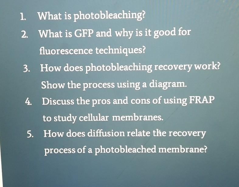 Solved 1. What is photobleaching? 2. What is GFP and why is | Chegg.com