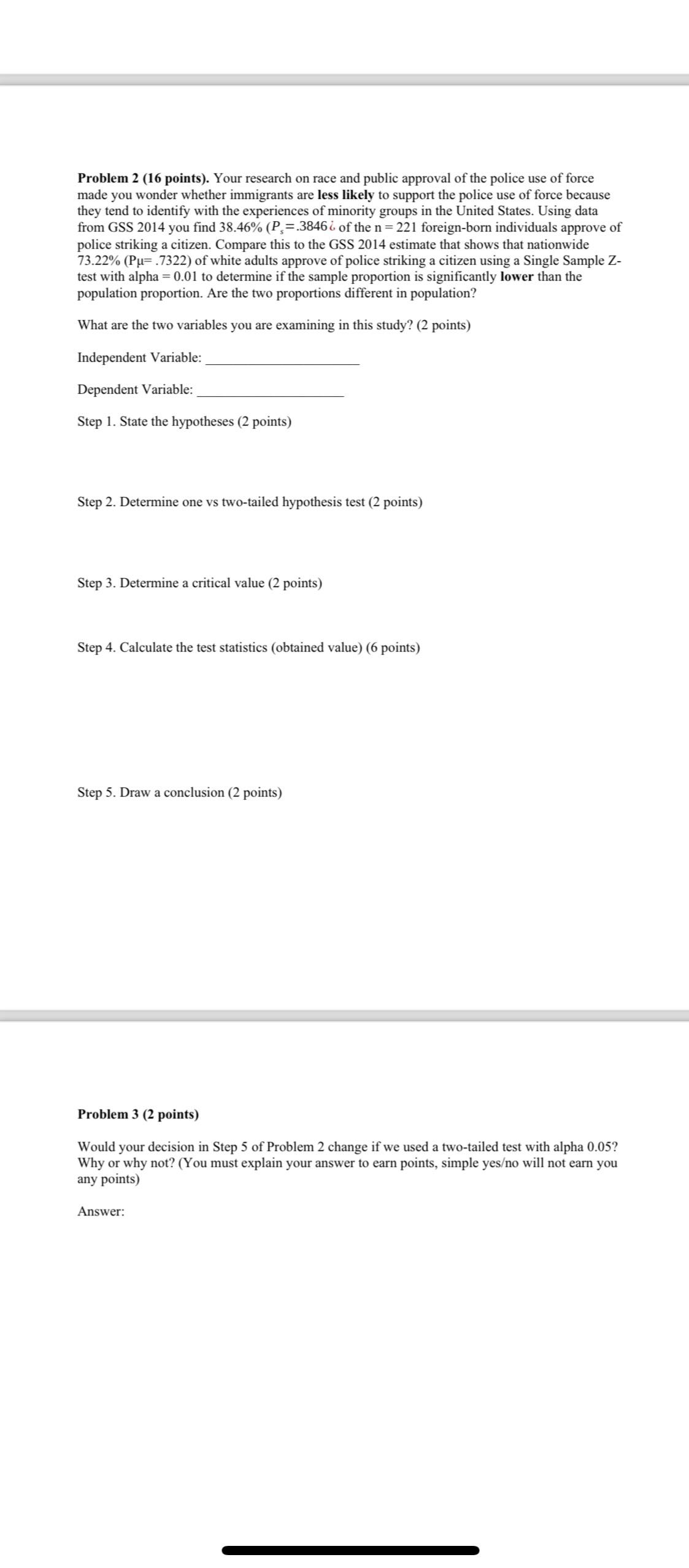 Solved Problem 2 (16 ﻿points). ﻿Your research on race and | Chegg.com