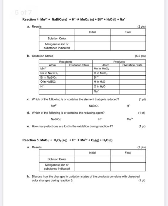 Solved 50 Reaction 4: Mn? NaBiO2 (s) +H* → MnO4 (s) + | Chegg.com