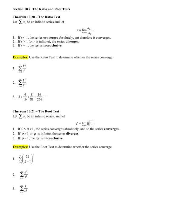 Solved Section 10.7: The Ratio and Root Tests Theorem 10.20 | Chegg.com