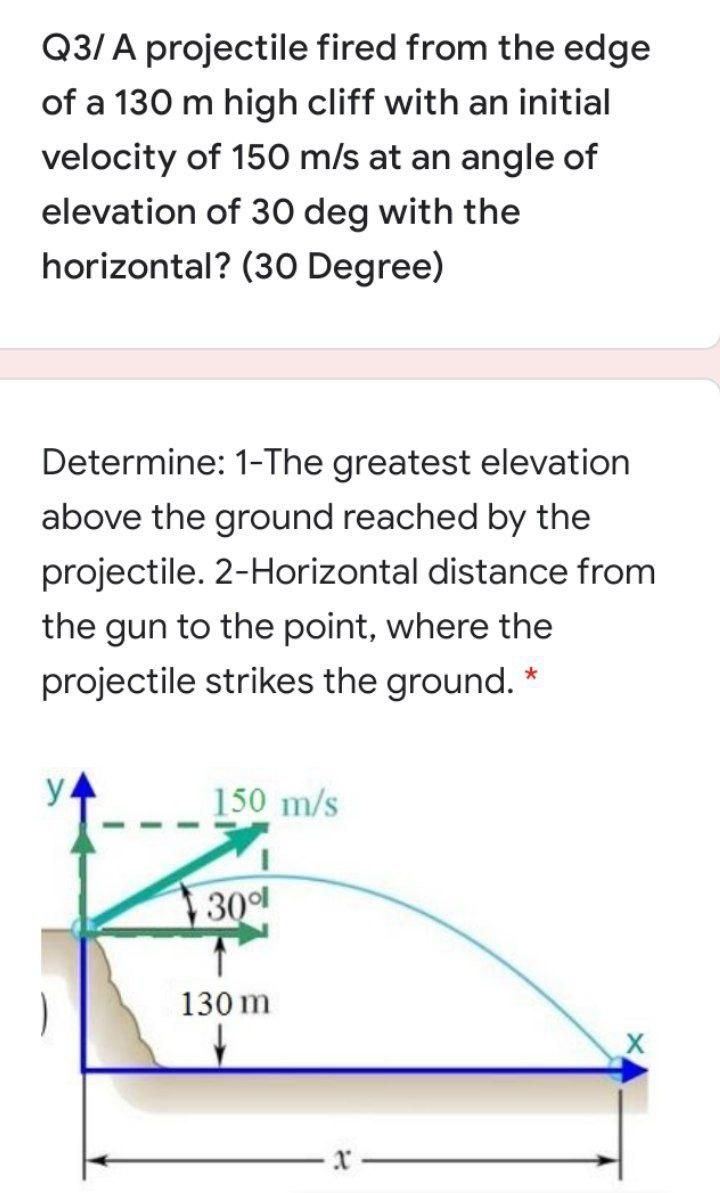 Solved Q3/ A projectile fired from the edge of a 130 m high | Chegg.com