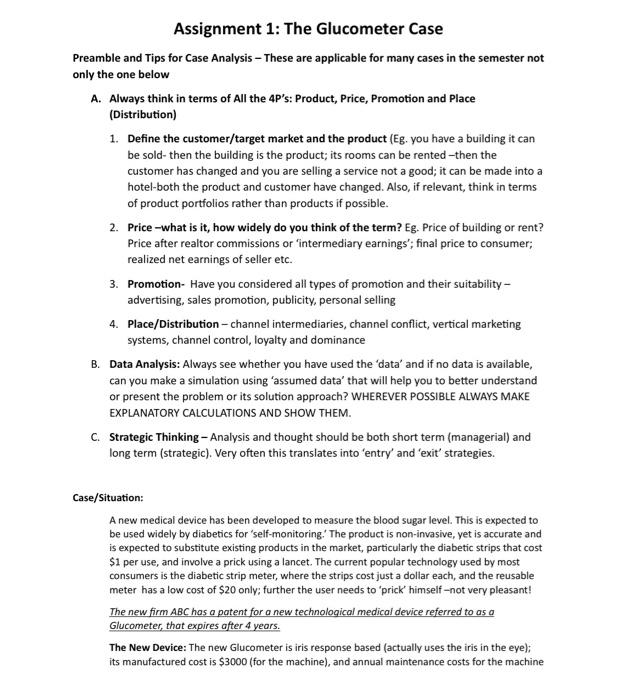 Assignment 1: The Glucometer Case Preamble and Tips | Chegg.com