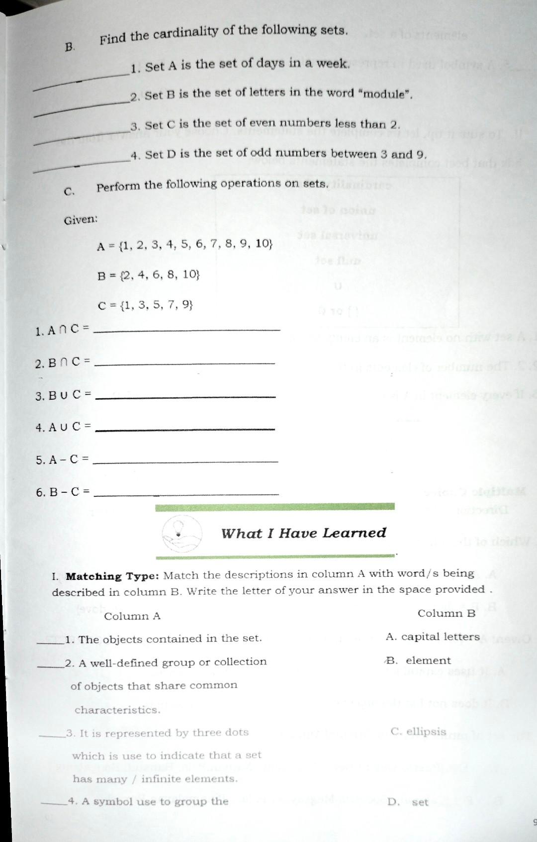 Solved Find the cardinality of the following sets. B 1. Set | Chegg.com