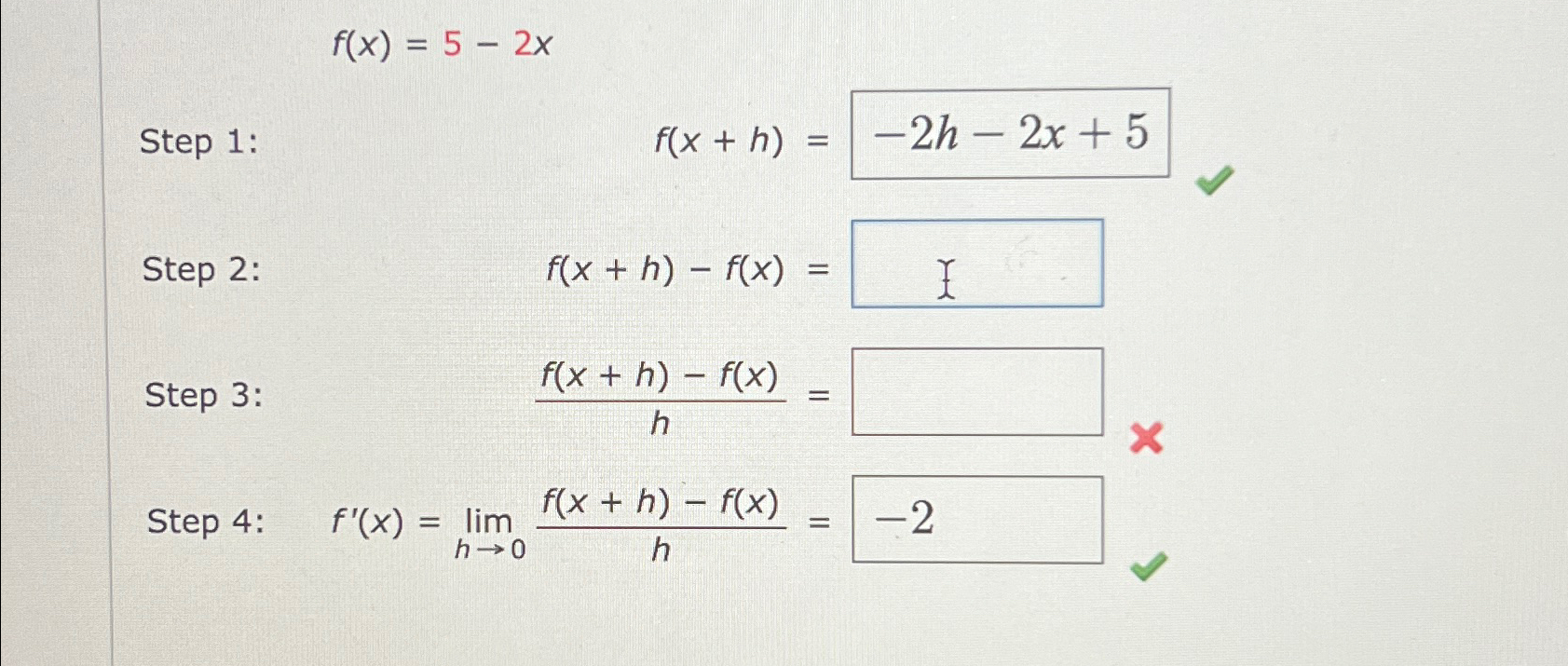 Solved f(x)=5-2xStep 1:f(x+h)=-2h-2x+5Step | Chegg.com