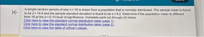 Solved K A simple random sample of size n = 16 is drawn from | Chegg.com