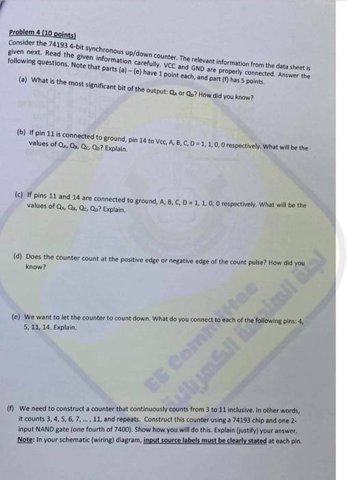 Solved Problem 4 (10 points) Consider the 74193 4-bit | Chegg.com