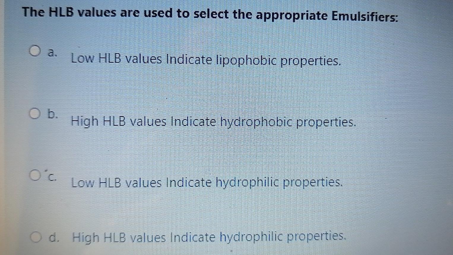 Solved The HLB values are used to select the appropriate | Chegg.com