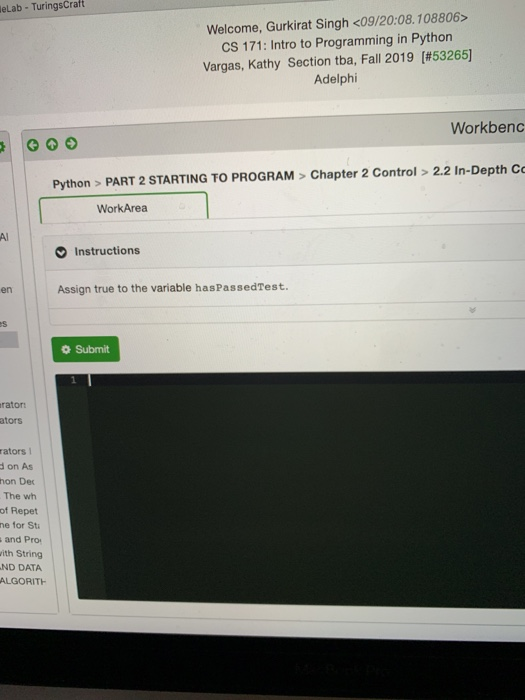 Solved deLab - TuringsCraft Welcome, Gurkirat Singh | Chegg.com