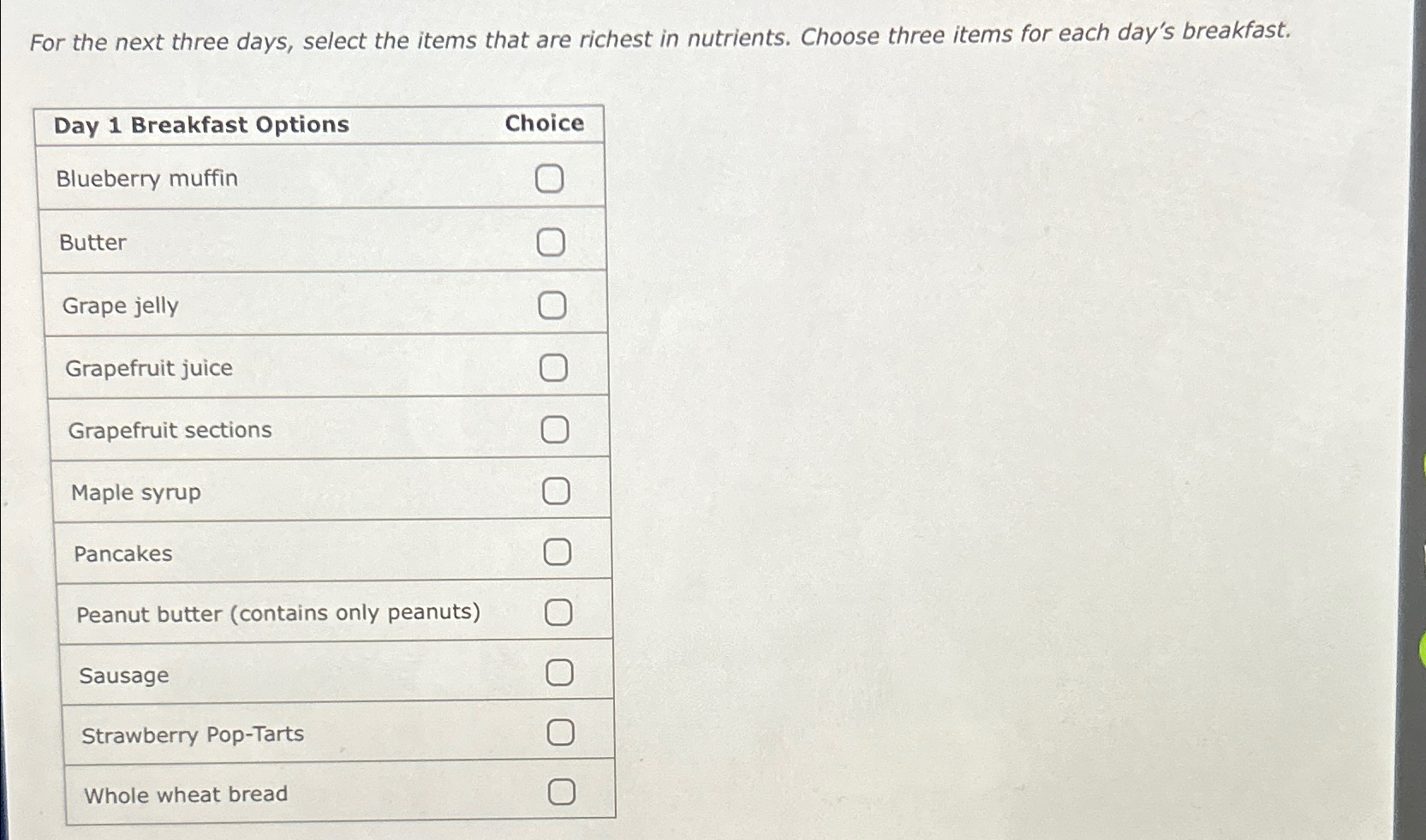 Solved For the next three days, select the items that are | Chegg.com