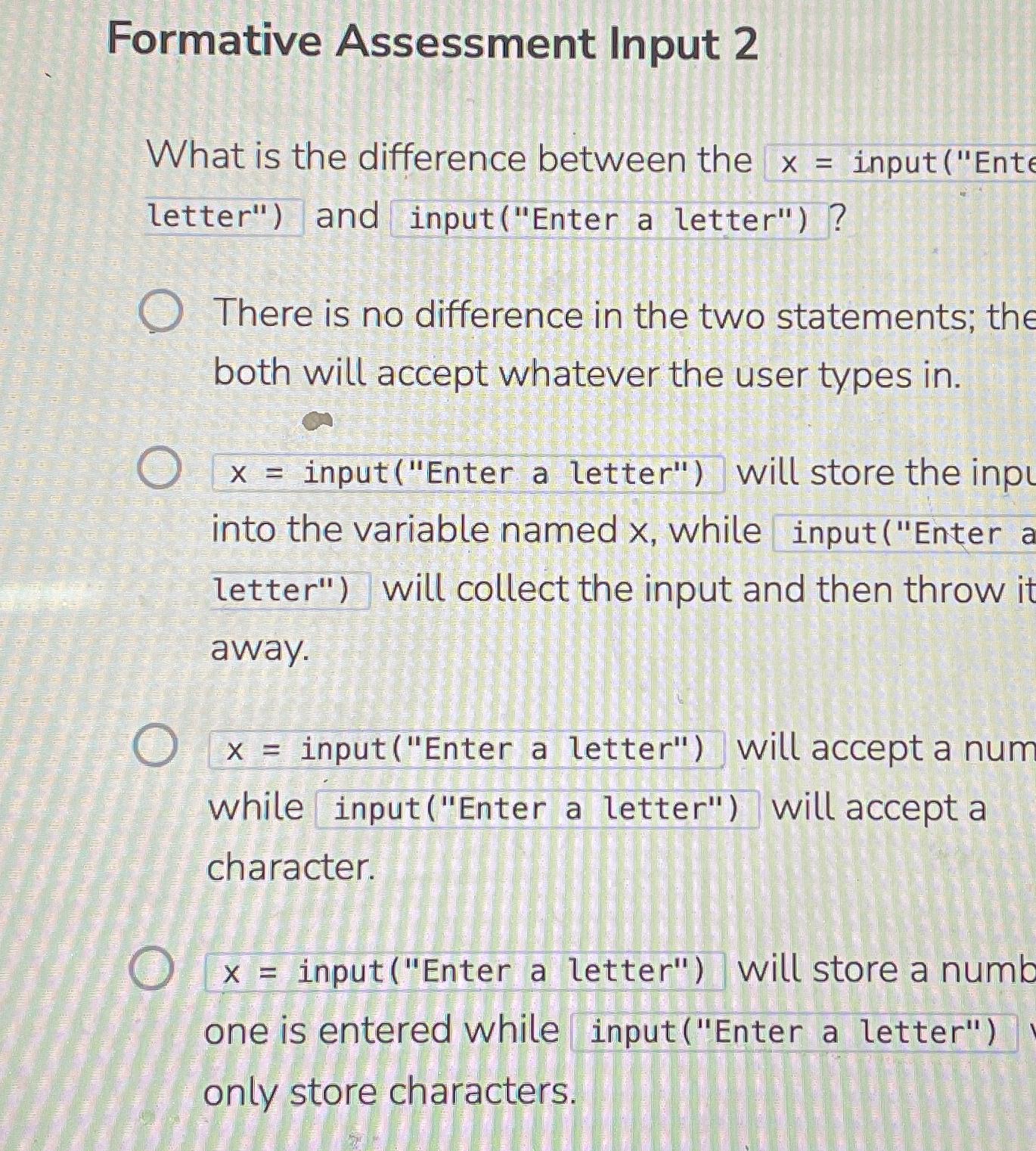 Solved Formative Assessment Input 2What is the difference | Chegg.com