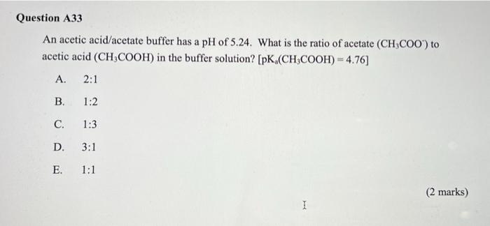 Solved Question A33 An acetic acid/acetate buffer has a pH | Chegg.com