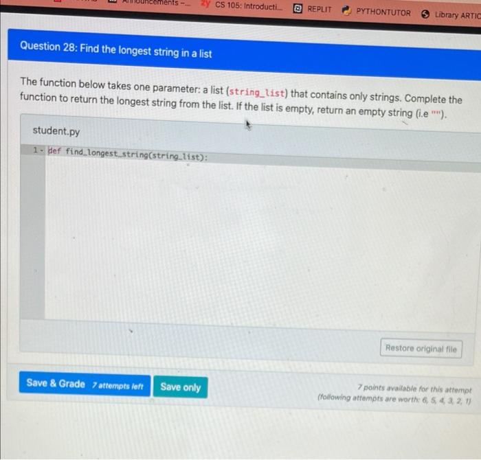 Solved nents zy CS 105: Introducti... @ REPLIT PYTHONTUTOR | Chegg.com