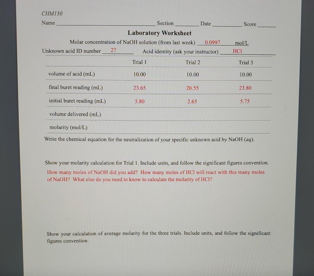Solved Score CHM130 Name Section Date Laboratory Worksheet | Chegg.com