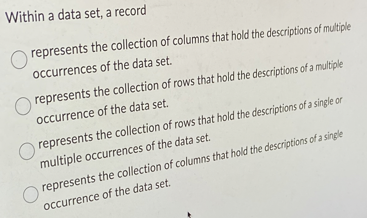 Solved Within a data set, a recordrepresents the collection | Chegg.com