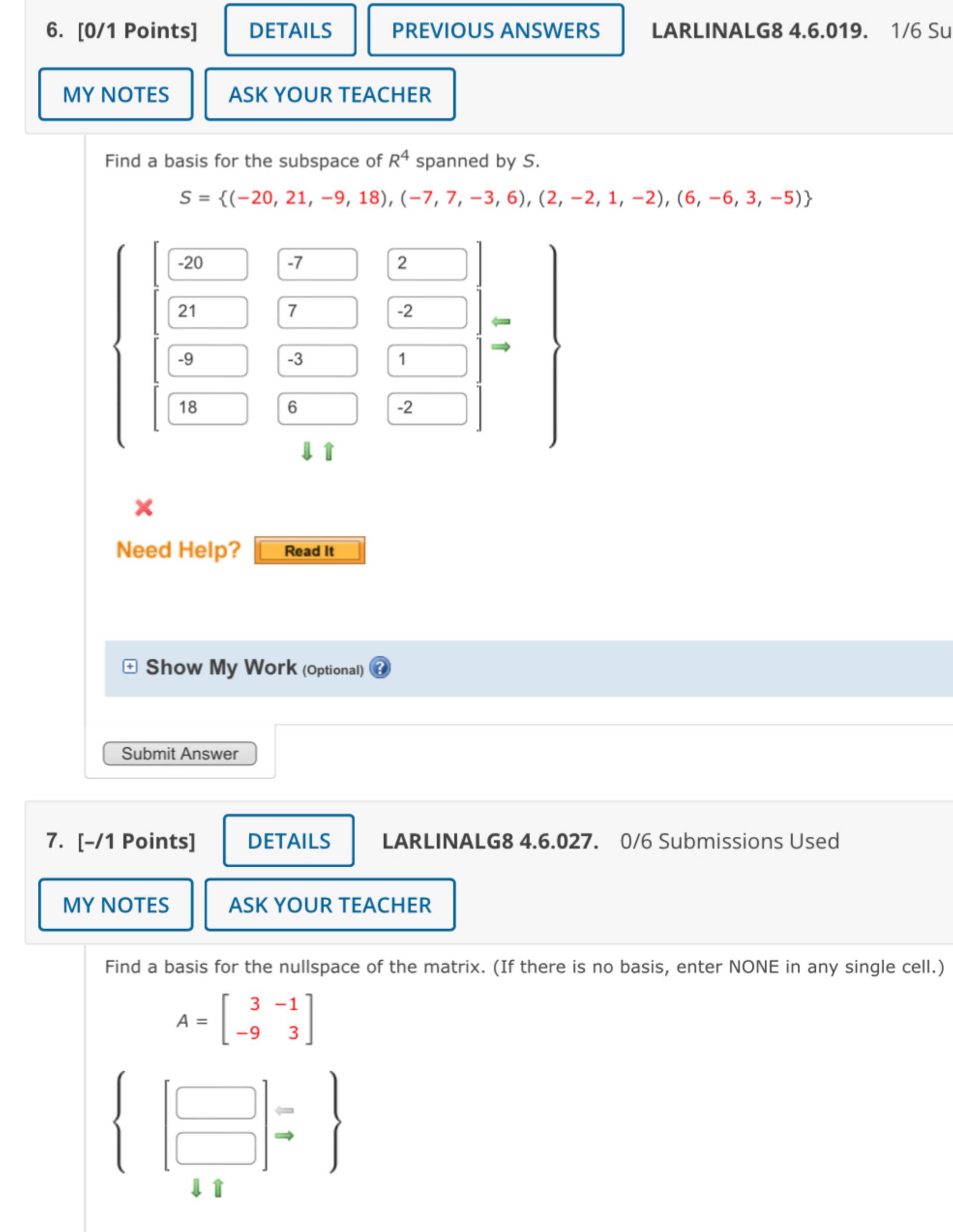 Solved Find a basis for the nullspace of the matrix. (If | Chegg.com