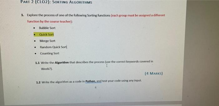Solved PART 2 (CLO2): SORTING ALGORITHMS 1. Explore the | Chegg.com
