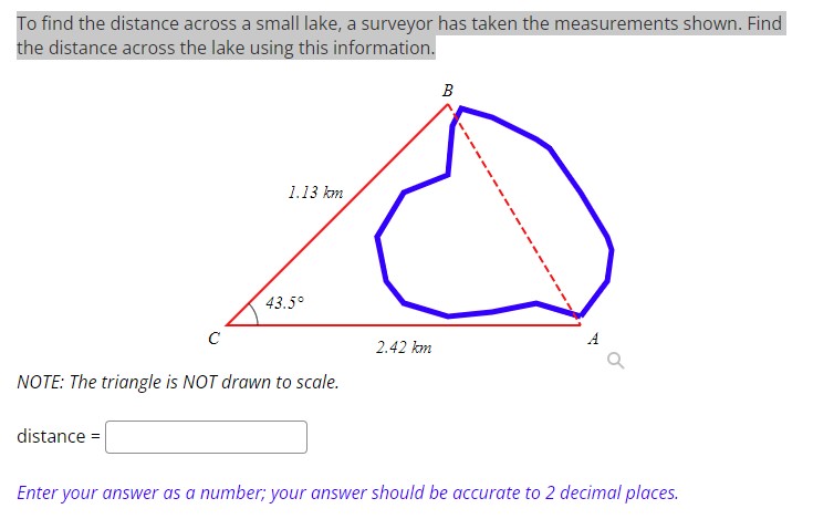 Solved To find the distance across a small lake, a surveyor | Chegg.com
