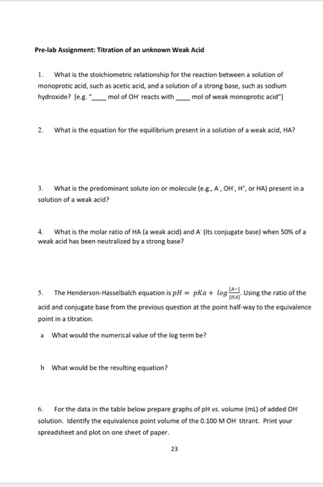 Solved Pre-lab Assignment: Titration of an unknown Weak Acid | Chegg.com
