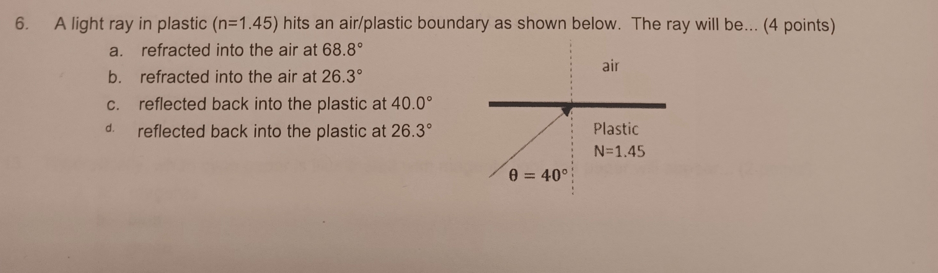 Solved A light ray in plastic )=(1.45 ﻿hits an air/plastic | Chegg.com