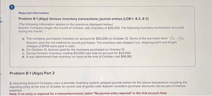 Solved Required information Problem 8-1 (Algo) Various | Chegg.com