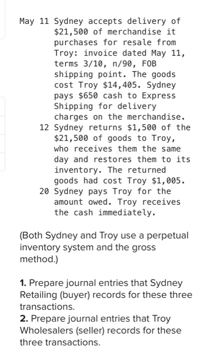 Solved May 11 Sydney accepts delivery of $21,500 of | Chegg.com