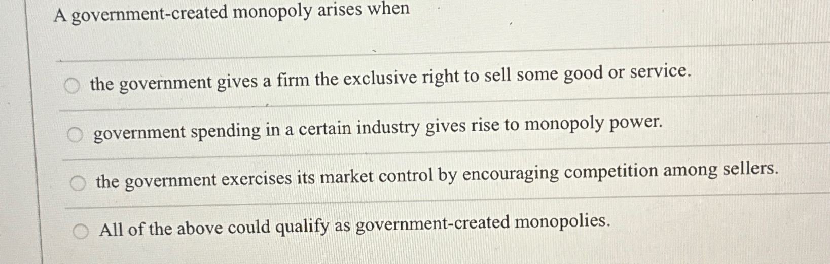 Solved A government-created monopoly arises whenthe | Chegg.com
