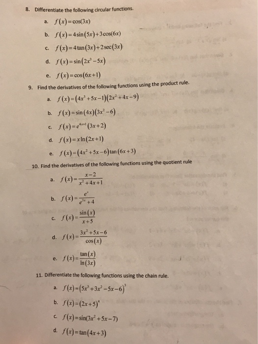 Solved 8. Differentiate the following circular functions. a. | Chegg.com