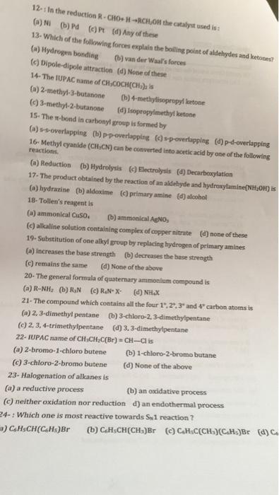 Solved 12. 1 In the reduction R-CHO- II → RCHaOH the | Chegg.com