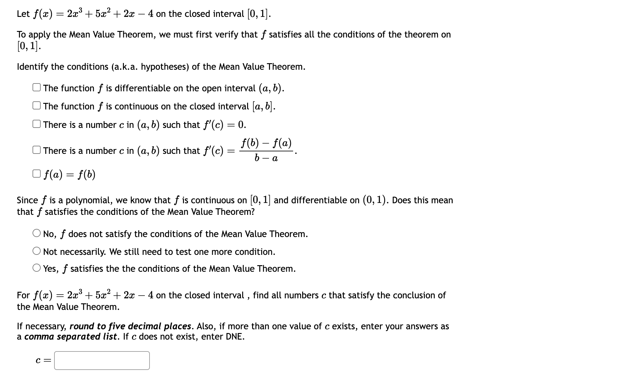 Solved Let f(x)=2x3+5x2+2x-4 ﻿on the closed interval 0,1.To | Chegg.com