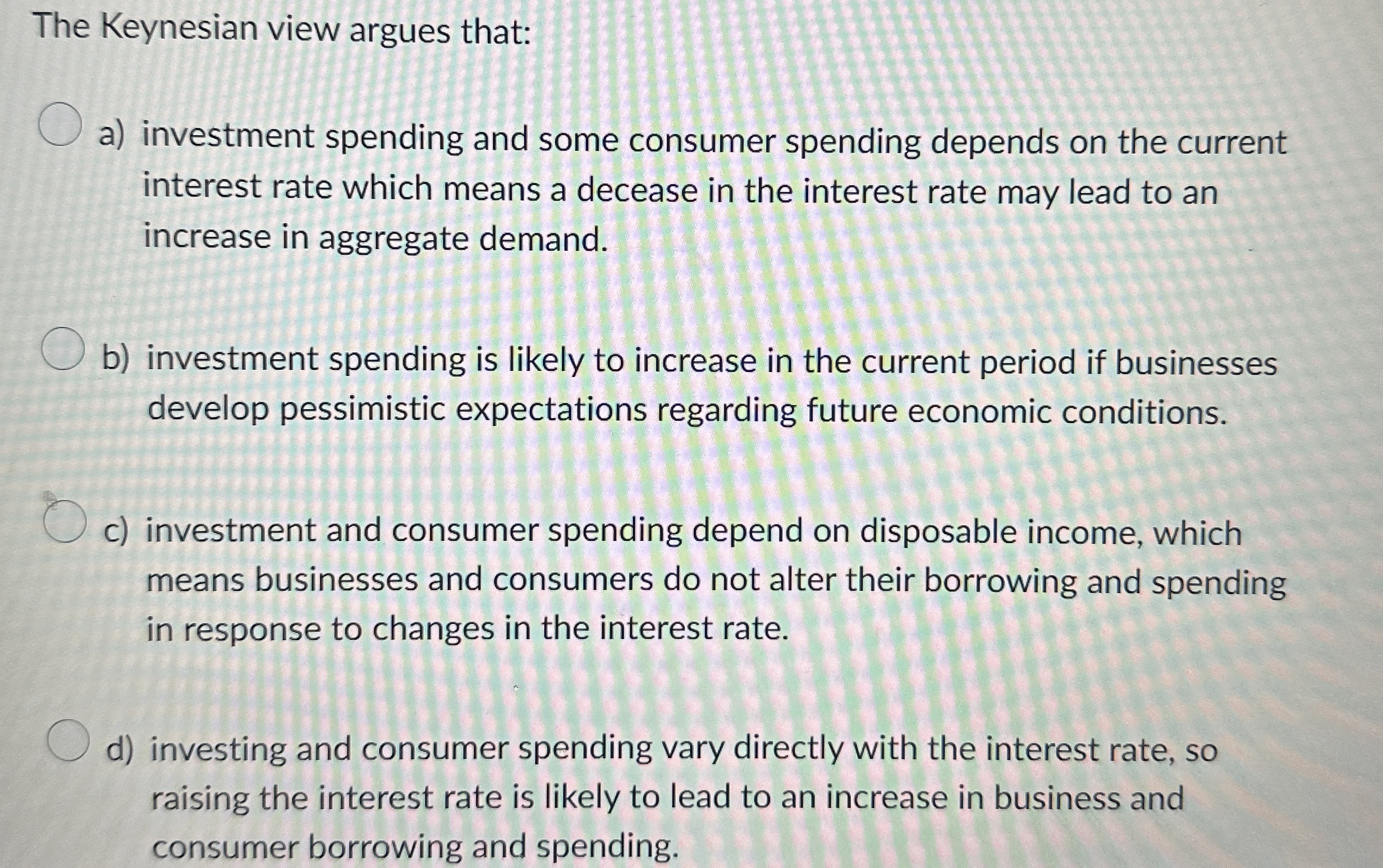 Solved The Keynesian view argues that: ﻿a) ﻿investment | Chegg.com