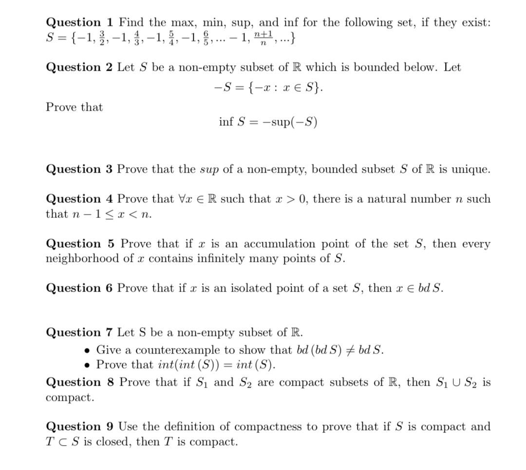 Solved Question 1 ﻿Find the max, min, sup, and inf for the | Chegg.com